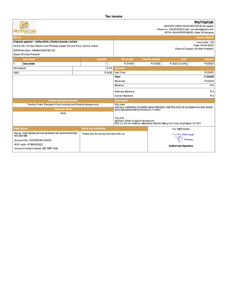 MyTripCab Tax Invoice for Cab Service | PDF | Economy Of Asia | Rupee