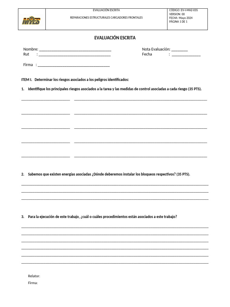 Evaluación Escrita Sgs-Ev-Maz-035 | PDF