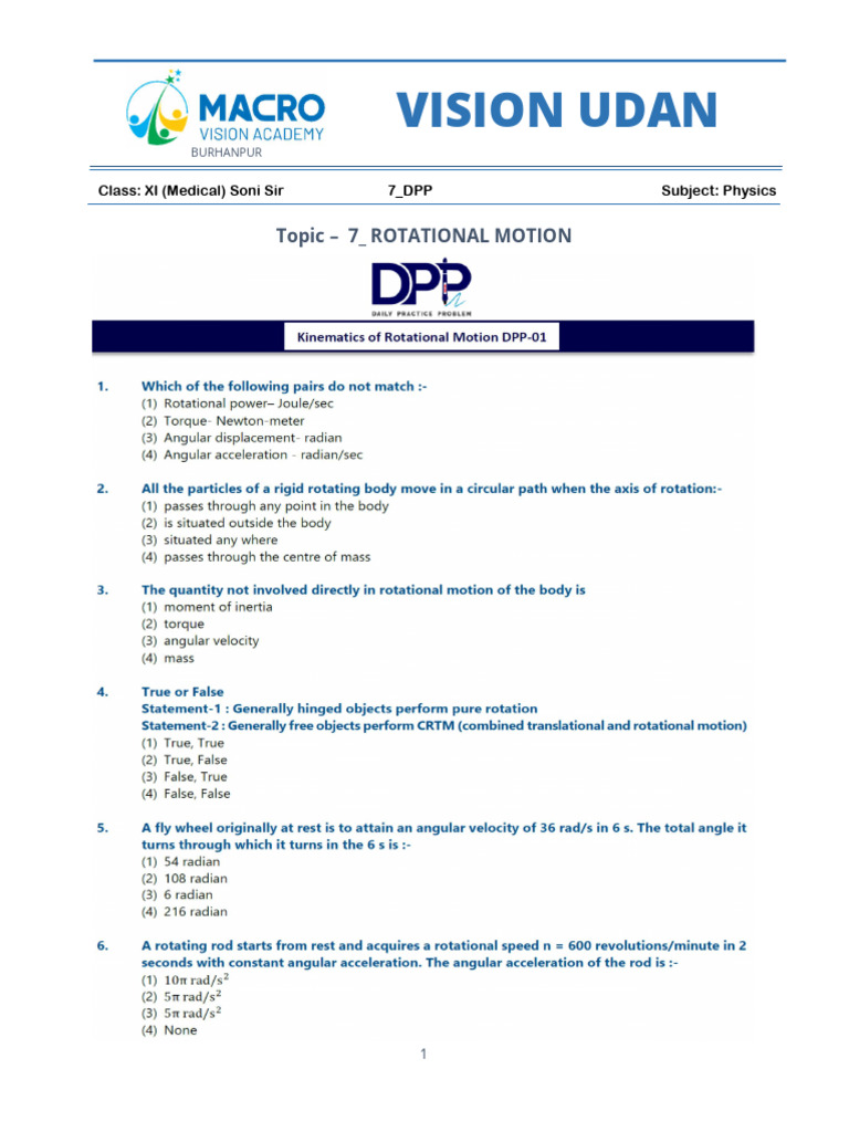 Class XI Physics: Rotational Motion DPP | PDF