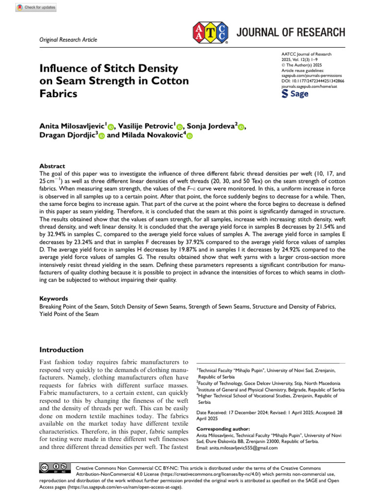 Milosavljevic Et Al 2025 Influence of Stitch Density on Seam Strength ...