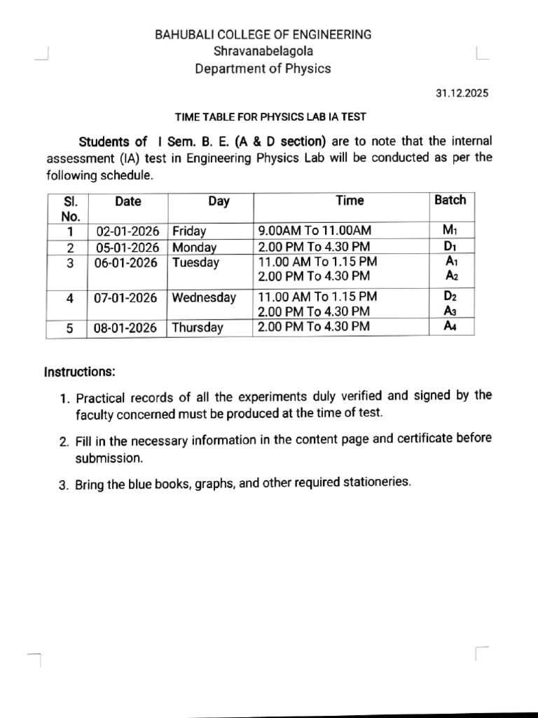 Physics Lab Test Time Table | PDF
