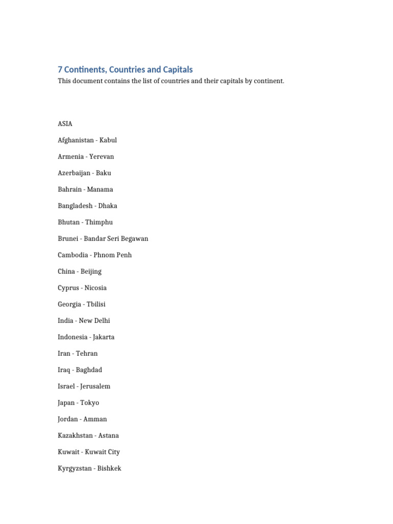 Countries and Capitals by Continent | PDF | Africa | South America