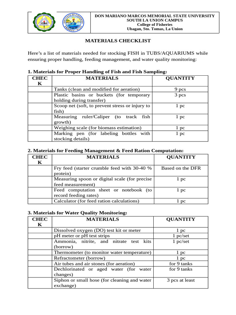 Materials Checklist | PDF