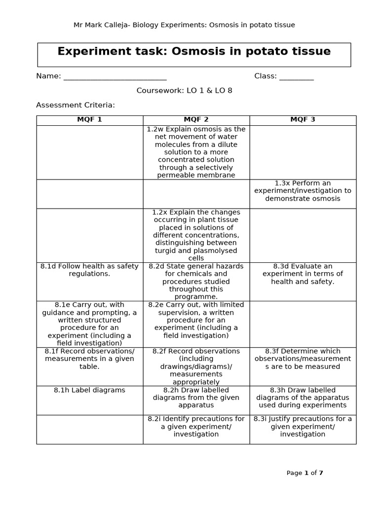 Osmosis in Potato Tissue Experiment | PDF | Osmosis | Biology