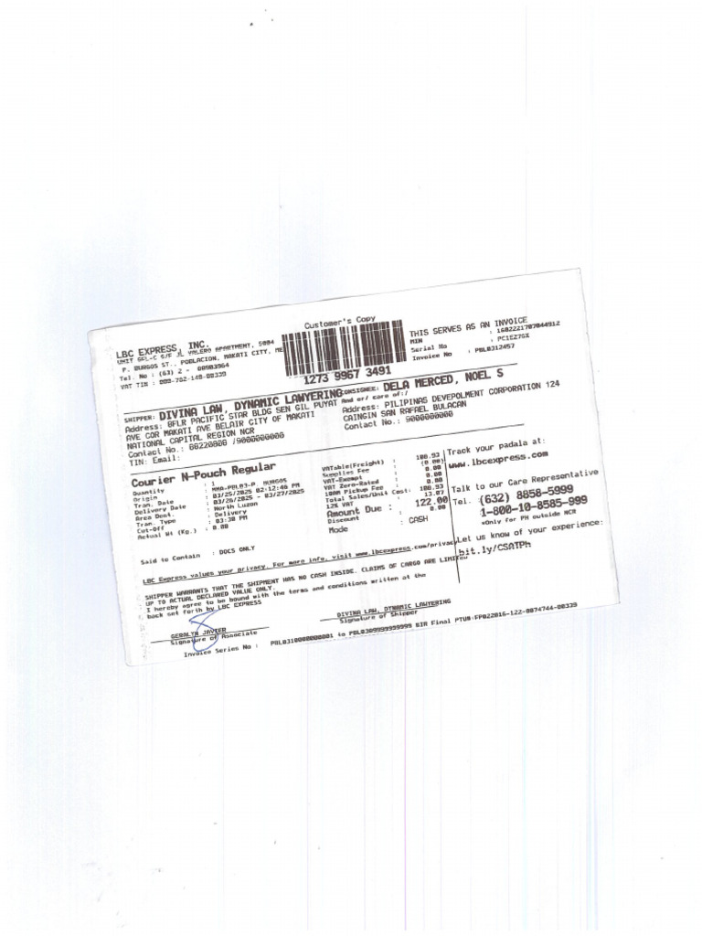 LBC Receipt - Noel S. Dela Merced | PDF