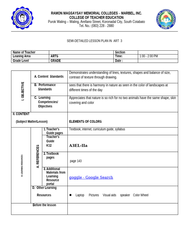 Rmmc Mi Cte Lesson Plan Format 4. Donee3(2) | PDF | Color | Teachers