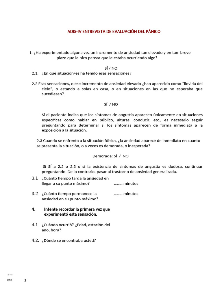 Adis-IV Entrevista de Evaluación Del Pánico | PDF | Ataque de pánico ...