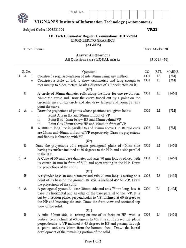 1003231101 (Engineering Graphics)_qp_set 1.Doc-final | PDF | Circle | Elementary Geometry