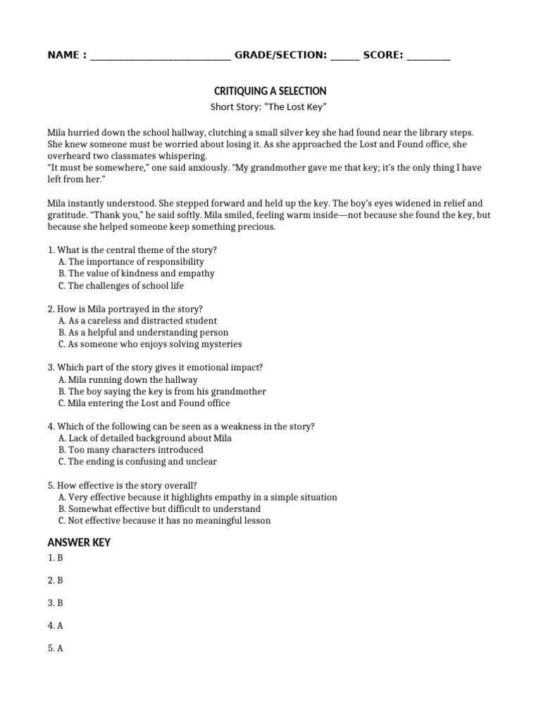 Critique of "The Lost Key" Short Story | PDF