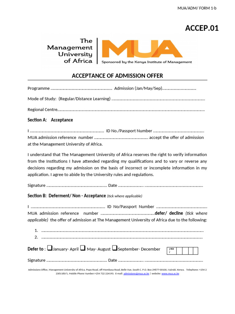 Mua Acceptance of Admissions Form (2) | PDF