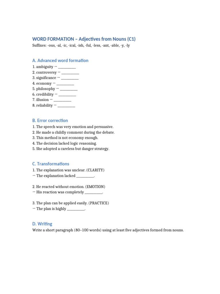 Adjective Formation from Nouns Guide | PDF