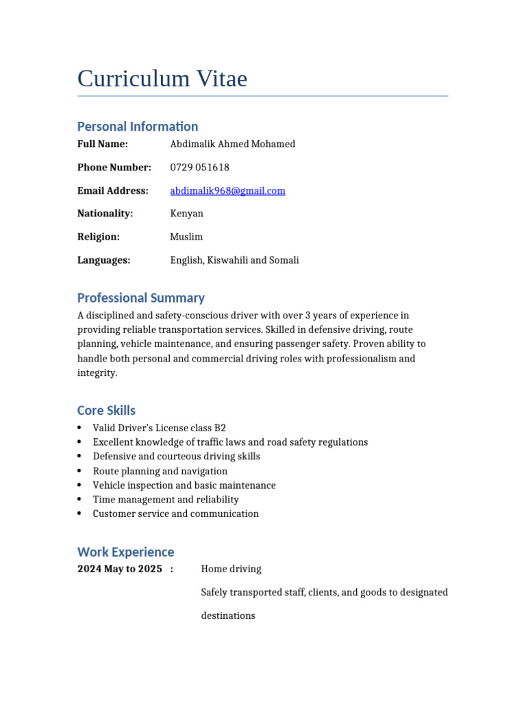 Experienced Driver CV - Abdimalik Ahmed | PDF