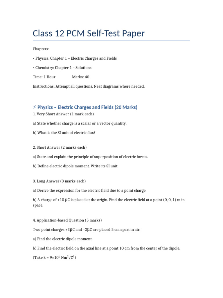 Class 12 PCM Self-Test Paper: Physics & Chemistry | PDF