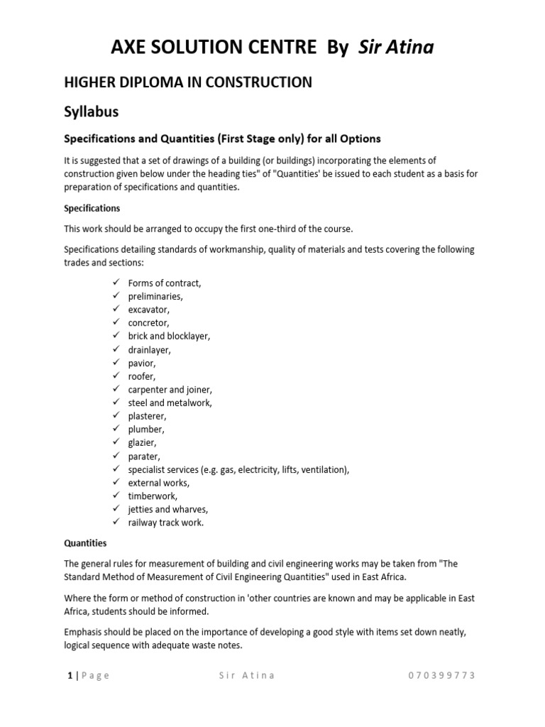 HND Specifications and Quantities COURSE OUTLINE | PDF