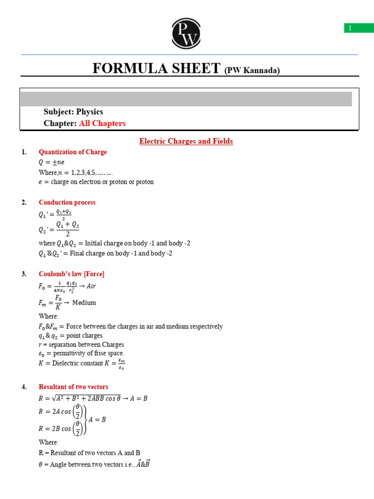 Physics Formula Sheet for Electric Charges | PDF | Inductance | Inductor