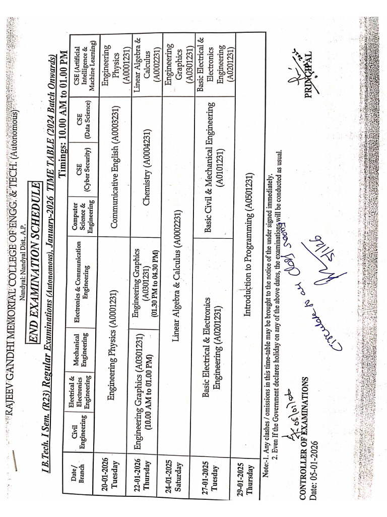 I - I Sem End Exams Time Table | PDF