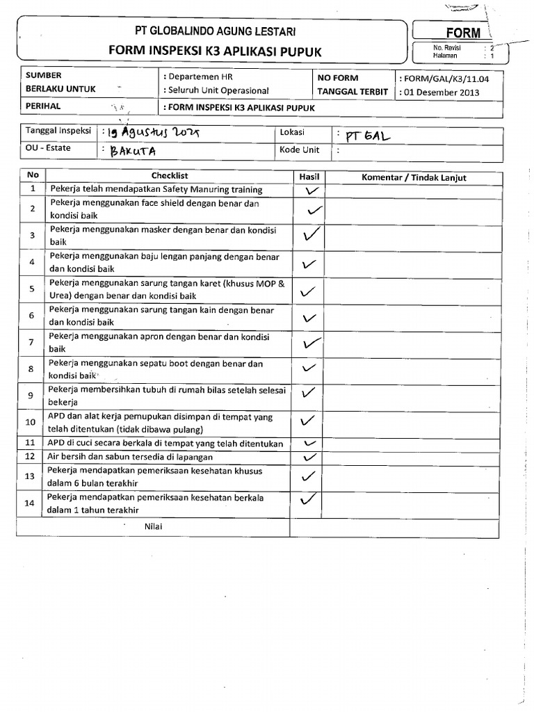 Inepsksi K3 Agustus BKE | PDF