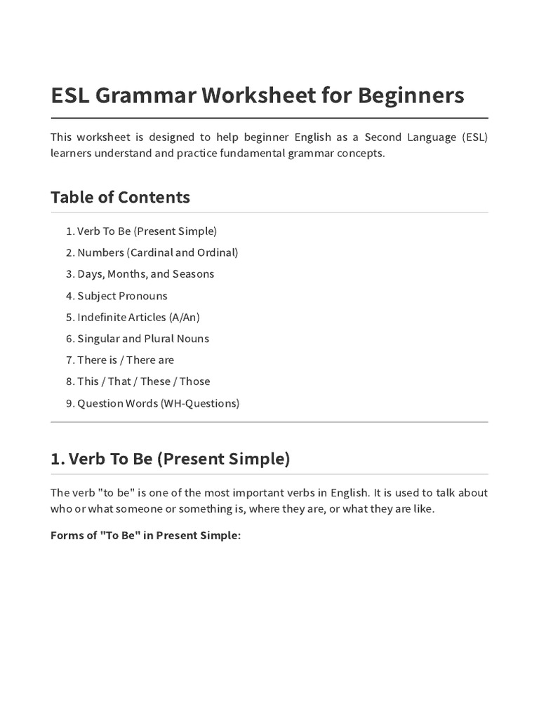 Beginner ESL Grammar Worksheet | PDF | Plural | Grammatical Number