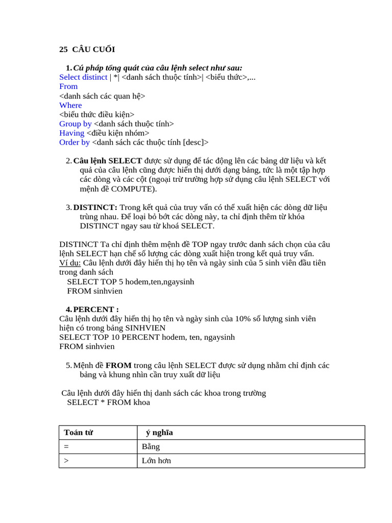 25 Câu SQL | PDF