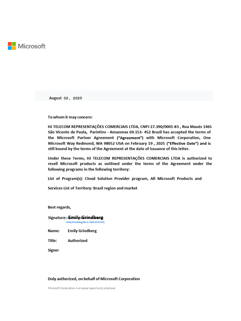 HJ Telecom Accepts Microsoft Partner Agreement | PDF