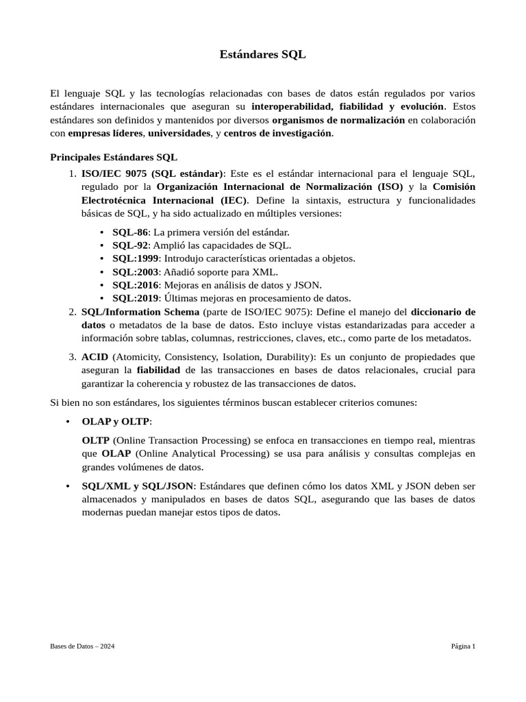 2- BD 2024 - Estándares SQL | PDF | SQL | Organización internacional ...