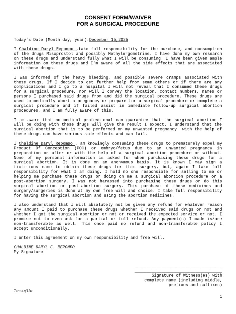 Consent Form For A Surgical Procedure | PDF | Abortion | Maternal Health