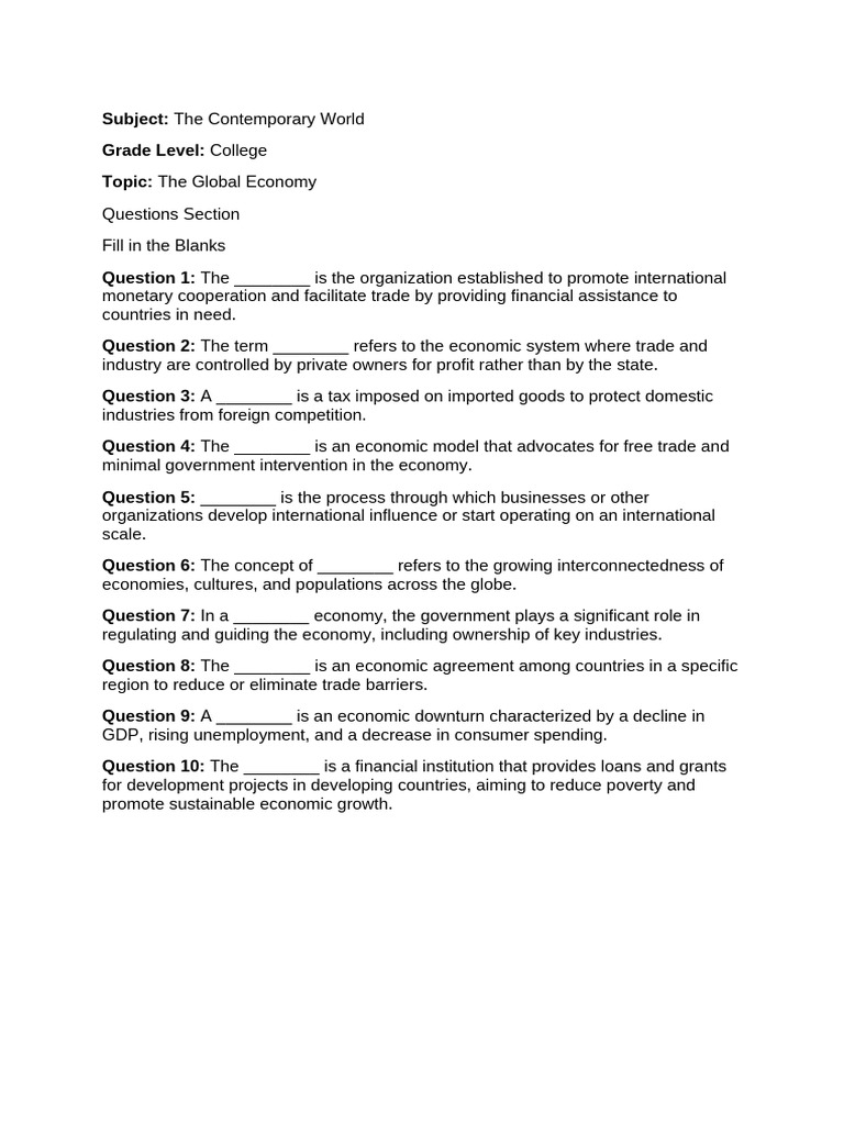 Global Economy Quiz for College Students | PDF | Recession ...