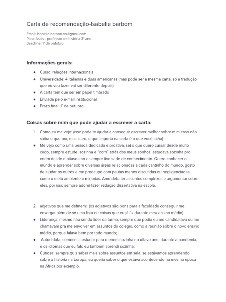 Carta de Recomendação para Isabelle Barbom | PDF | Liderança