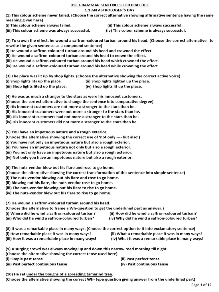 HSC Grammar Practice Sentences | PDF | Question | Grammatical Tense