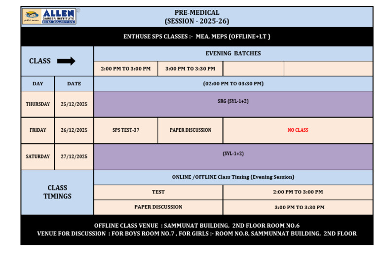 SPS Class Schedule 25.12.25 to 27.12.25 | PDF