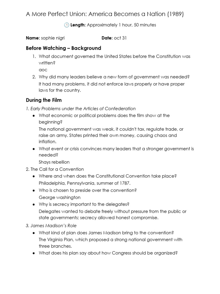 A More Perfect Union Worksheet.docx | PDF | The United States ...