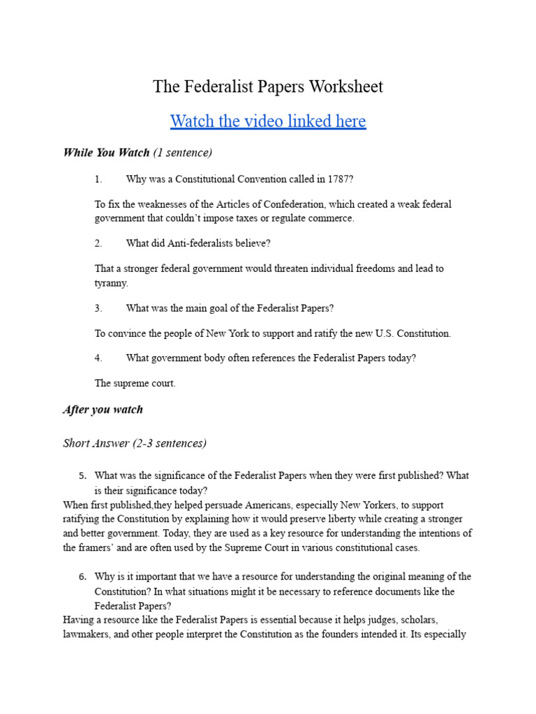The Federalist Papers Worksheet (Honors) | PDF | American Political ...