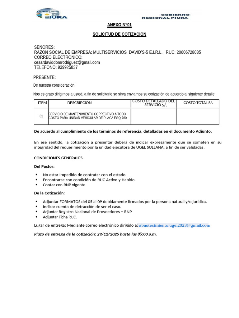 Solicitud Cotizacion Egv 131 David | PDF