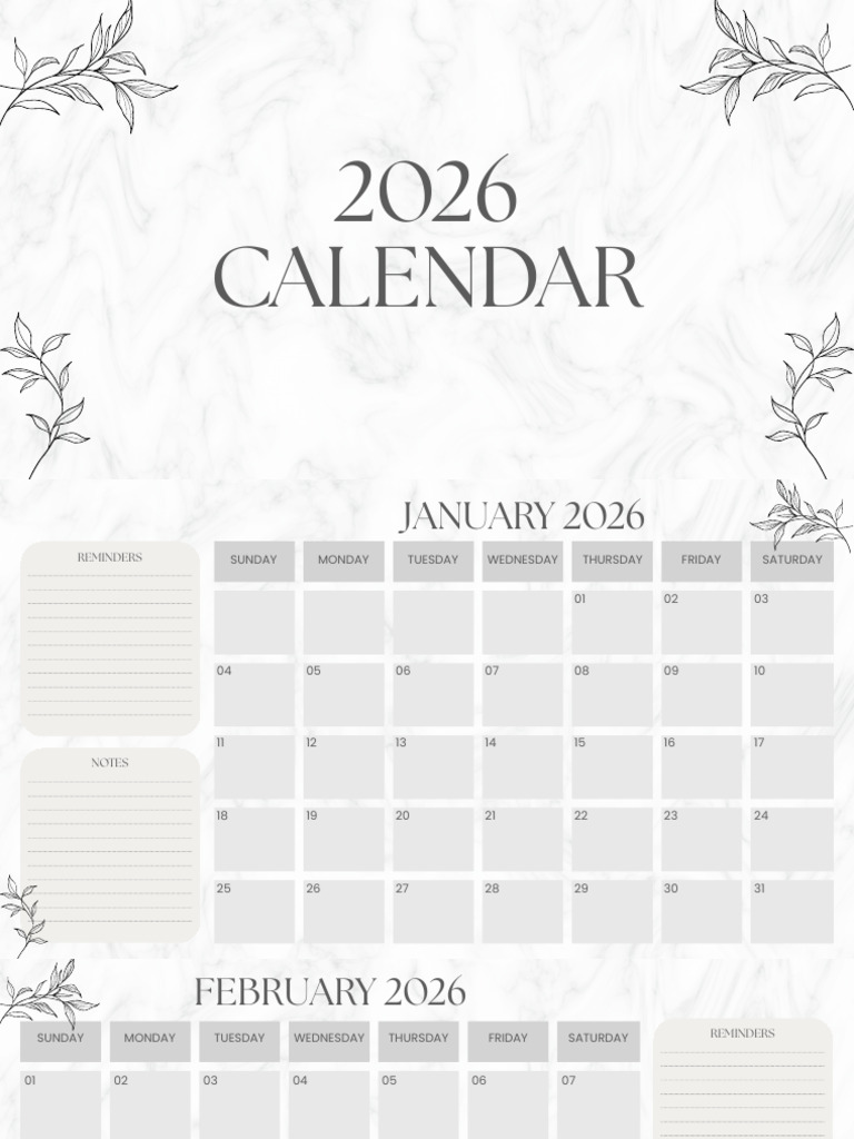 Monochrome Simple Elegant 2026 Monthly Calendar | PDF