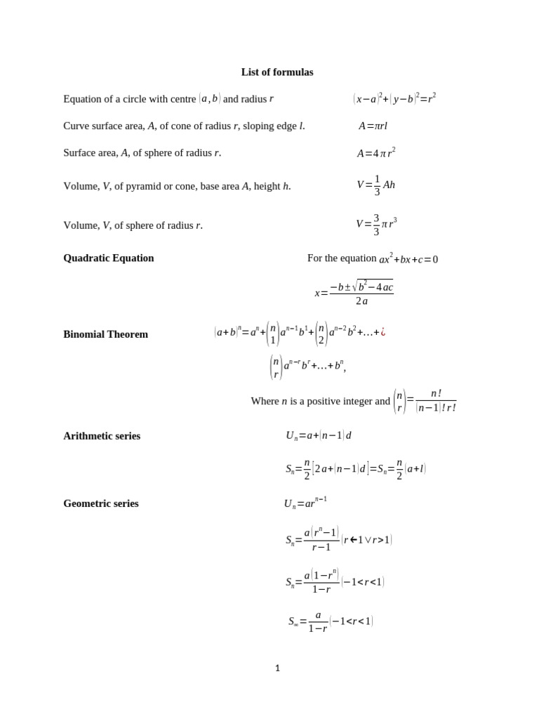 Essential Math Formulas and Equations | PDF | Area | Sphere