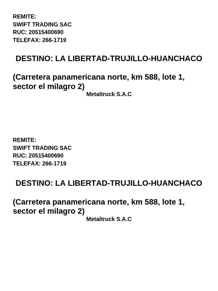 Remisión de SWIFT TRADING SAC a Metaltruck | PDF