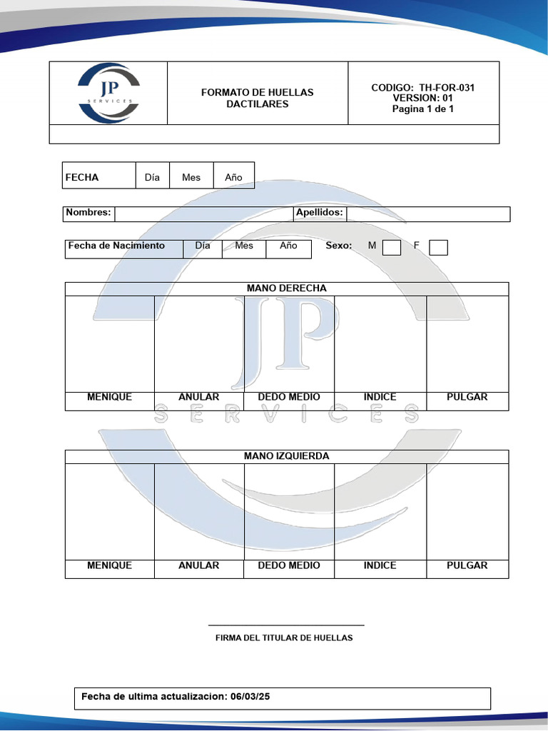 Formato de Huellas Dactilares TH-FOR-031 | PDF