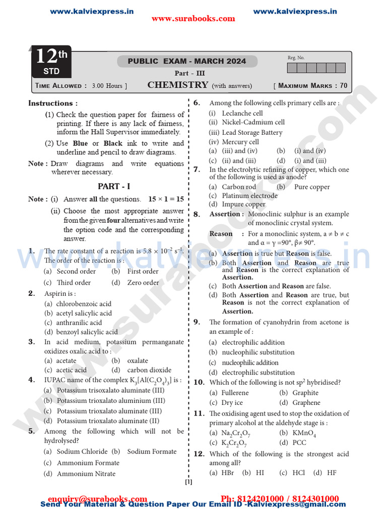 12th Std Chemistry EM QP With Answers March 2024 | PDF | Acid | Amine