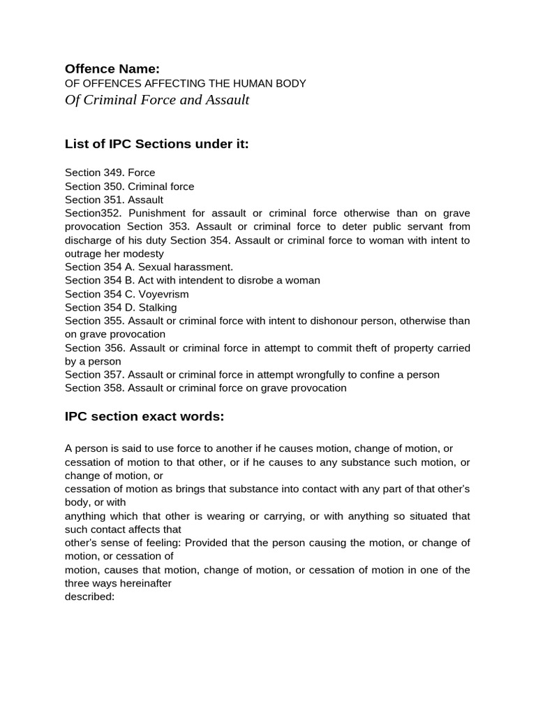 IPC Offences: Criminal Force & Assault | PDF | Assault | Tort