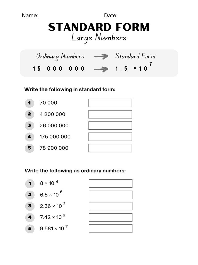 Standard Form - Large Numbers Converting Between Ordinary and Standard ...