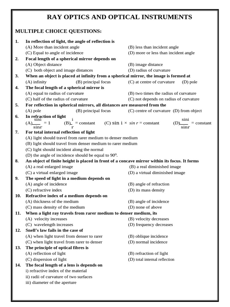 Ray Optics MCQs and Concepts Guide | PDF | Optics | Refractive Index