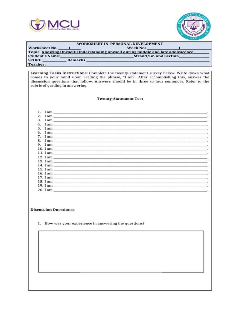 Personal Development Worksheet: Self-Discovery | PDF | Argument
