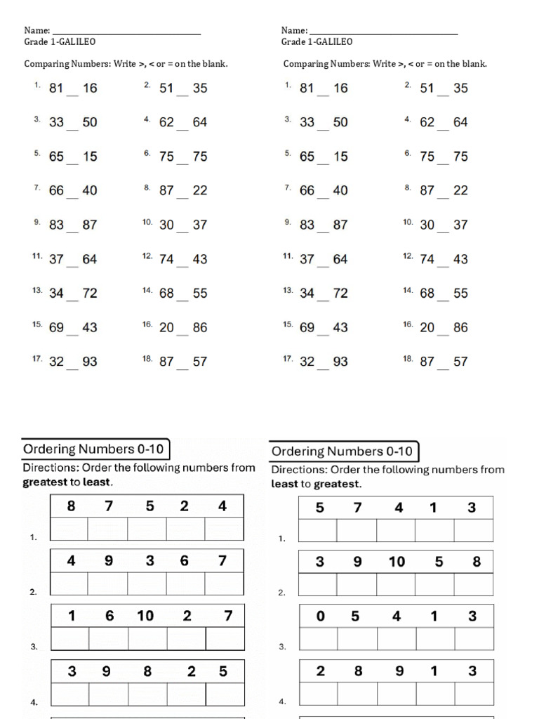 Grade 1 Number Comparison Worksheet | PDF