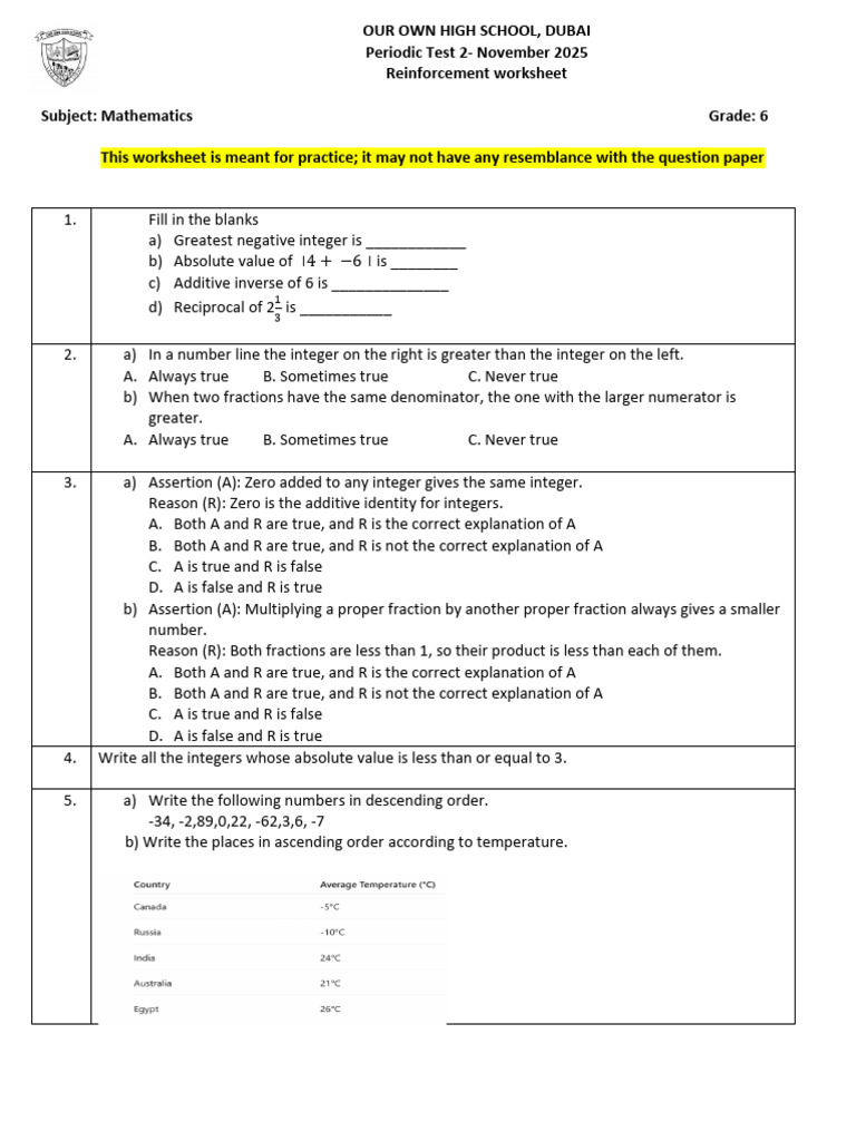 PT -2 Math Reinforcement worksheet Grade 6 | PDF | Mathematical ...