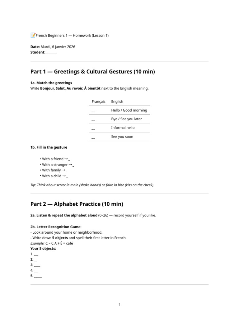 French Homework Lesson1 | PDF