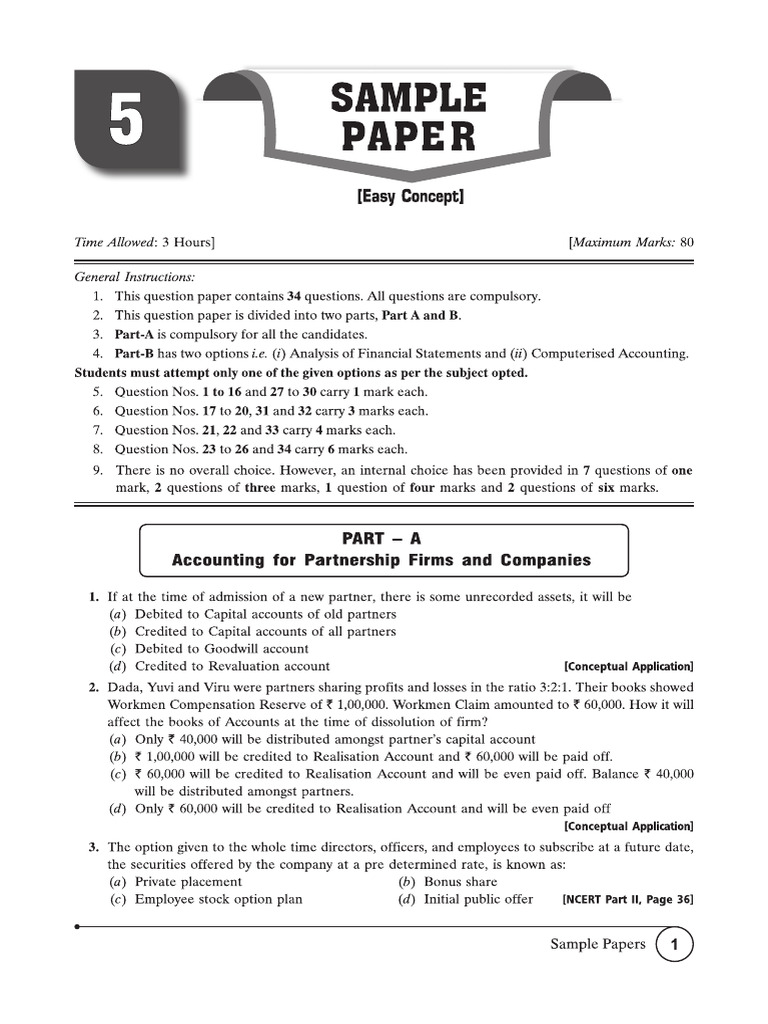 Cbse Cl12 Ead Accountancy 2026 Edition Easy Paper 5 | PDF