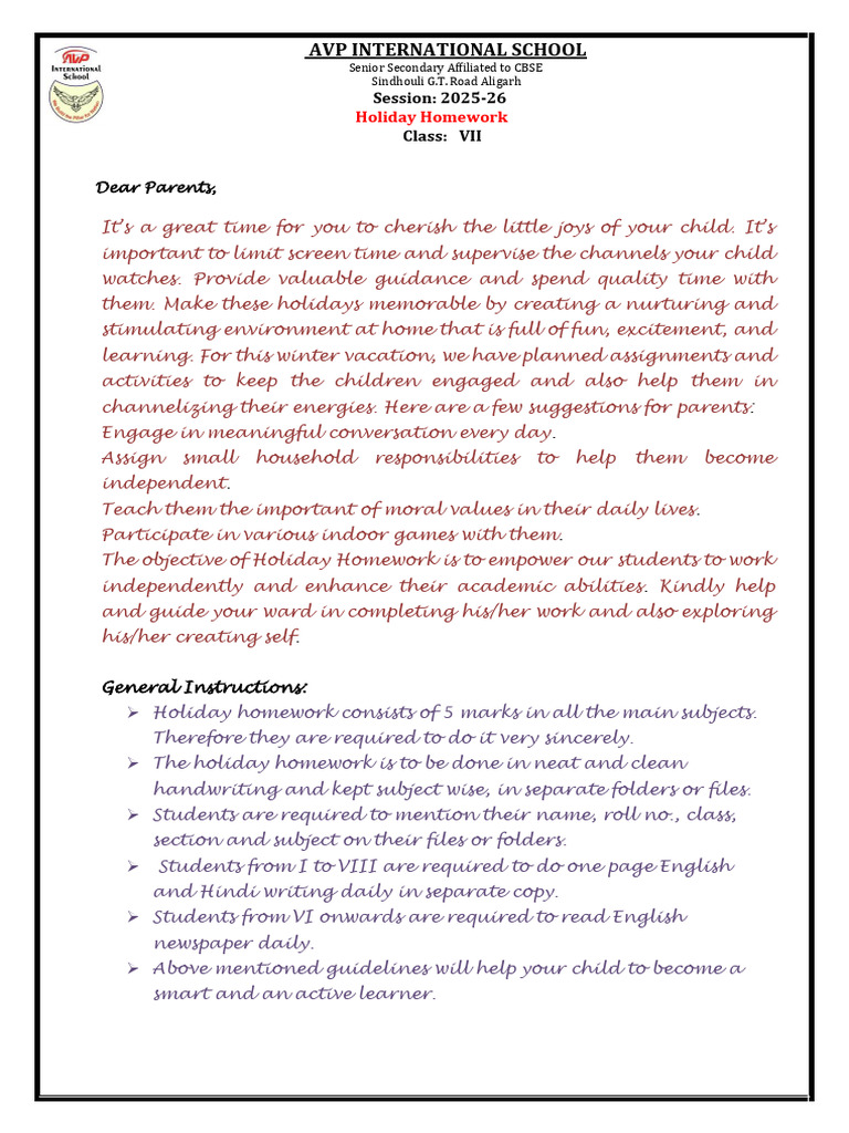 Holiday Homework 2025 26 7 | PDF | Learning