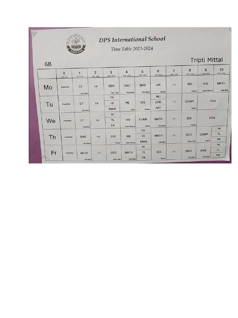 Grade 6B Timetable1921 | PDF