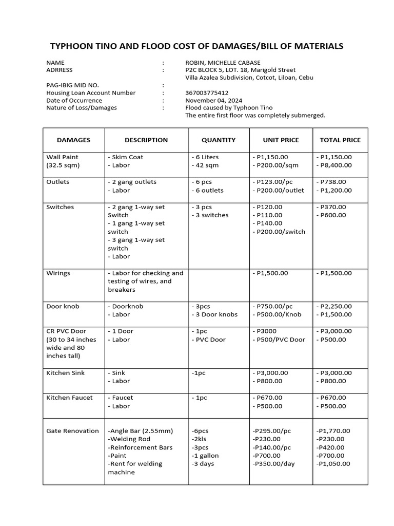 Typhoon Tino and Flood Cost of Damages | PDF