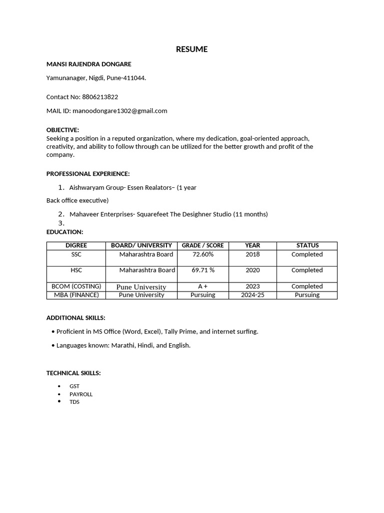 Mansi Dongare Resume - Finance & Admin | PDF
